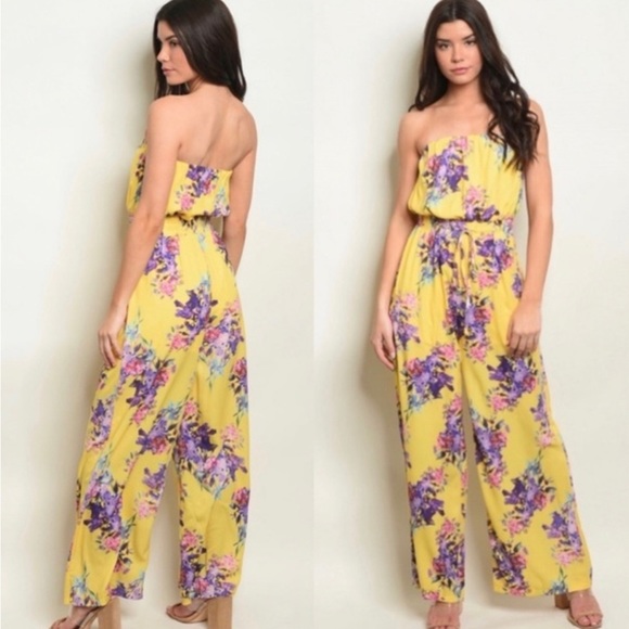 Pants & Jumpsuits | Yellow Floral Print Wide Leg Jumpsuit | Poshmark